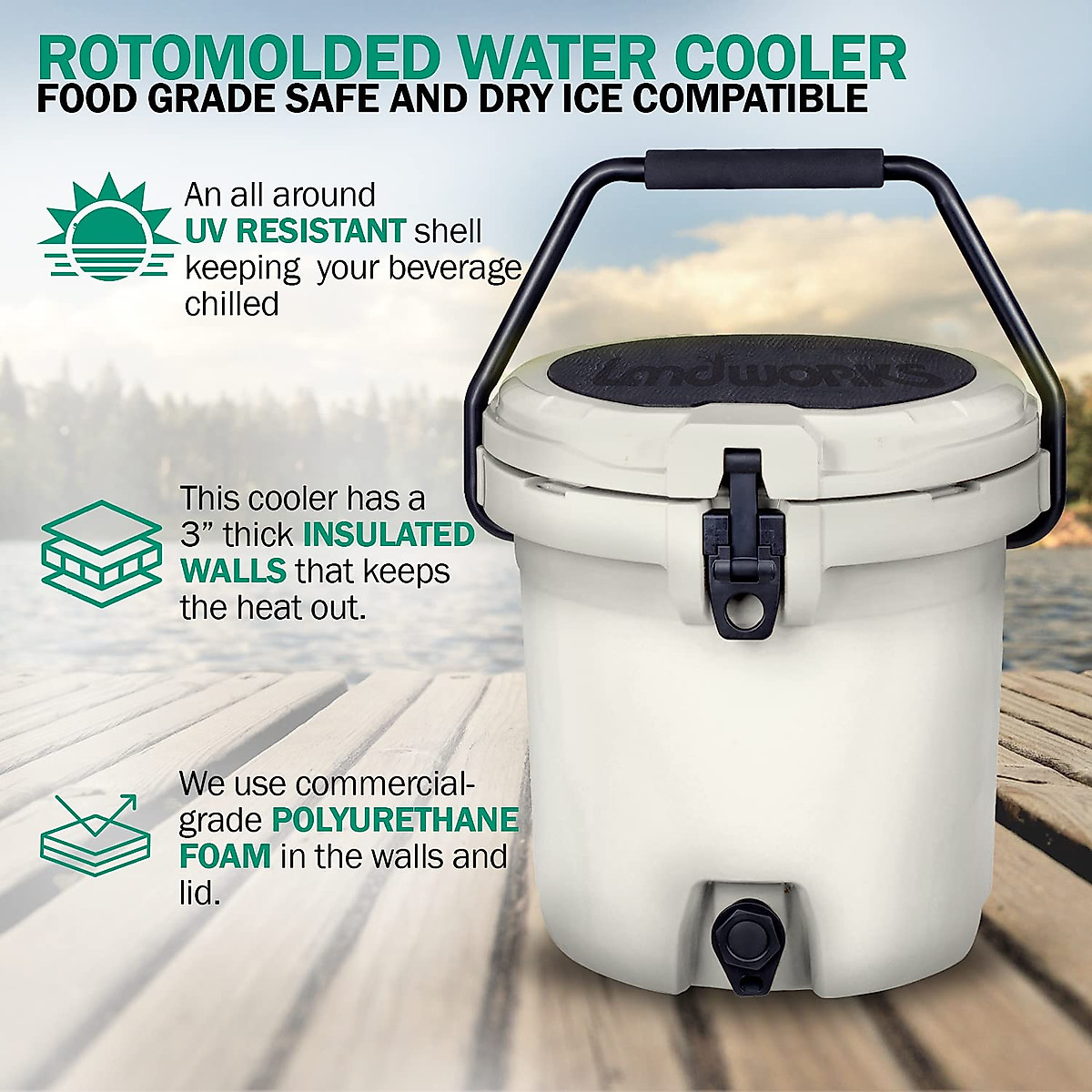 Landworks Beverage Cooler (5 Gallon / 20QT) Rotomolded Ice Water Sport Jug Dispenser, Insulated High Ice Retention, UV Protected Spigot, Stainless Steel Bottle Opener, Latch and Seat Lid