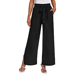UEU Womens 2023 Wide Leg Dress Pants Lightweight High Waisted Adjustable Tie Knot Loose Casual Pants (Black, XL)