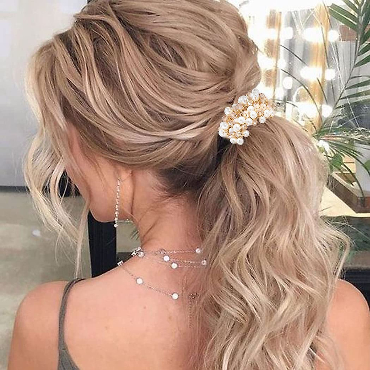 Brinie Pearl Rhinestone Ponytail Holder Pack: Pink Hair Ties, Elastic Bead Hair Bands, Stretchy Scrunchies for Women and Girls (Pack of 2)