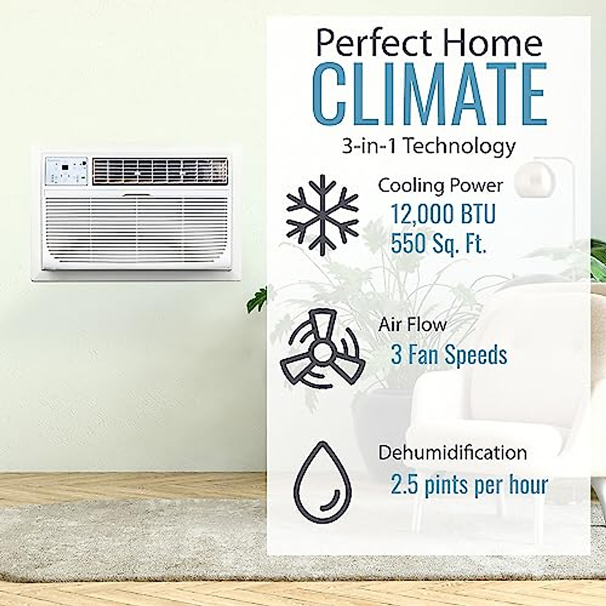 Keystone 12,000 BTU 230V Wall Mounted Air Conditioner & Dehumidifier with Remote Control - Quiet Wall AC Unit for Bedroom, Bathroom, Nursery, Medium Sized Rooms up to 550 Sq.Ft.