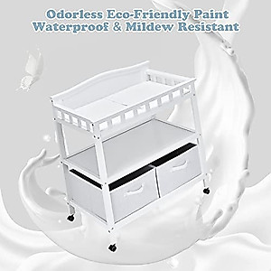 INFANS Baby Changing Table, Wood Diaper Dresser Station with Pad 2 Storage Drawers Baskets Shelves 4 Lockable Wheels and Safety Belt, Nursery Organizer Stand for Newborn Infant