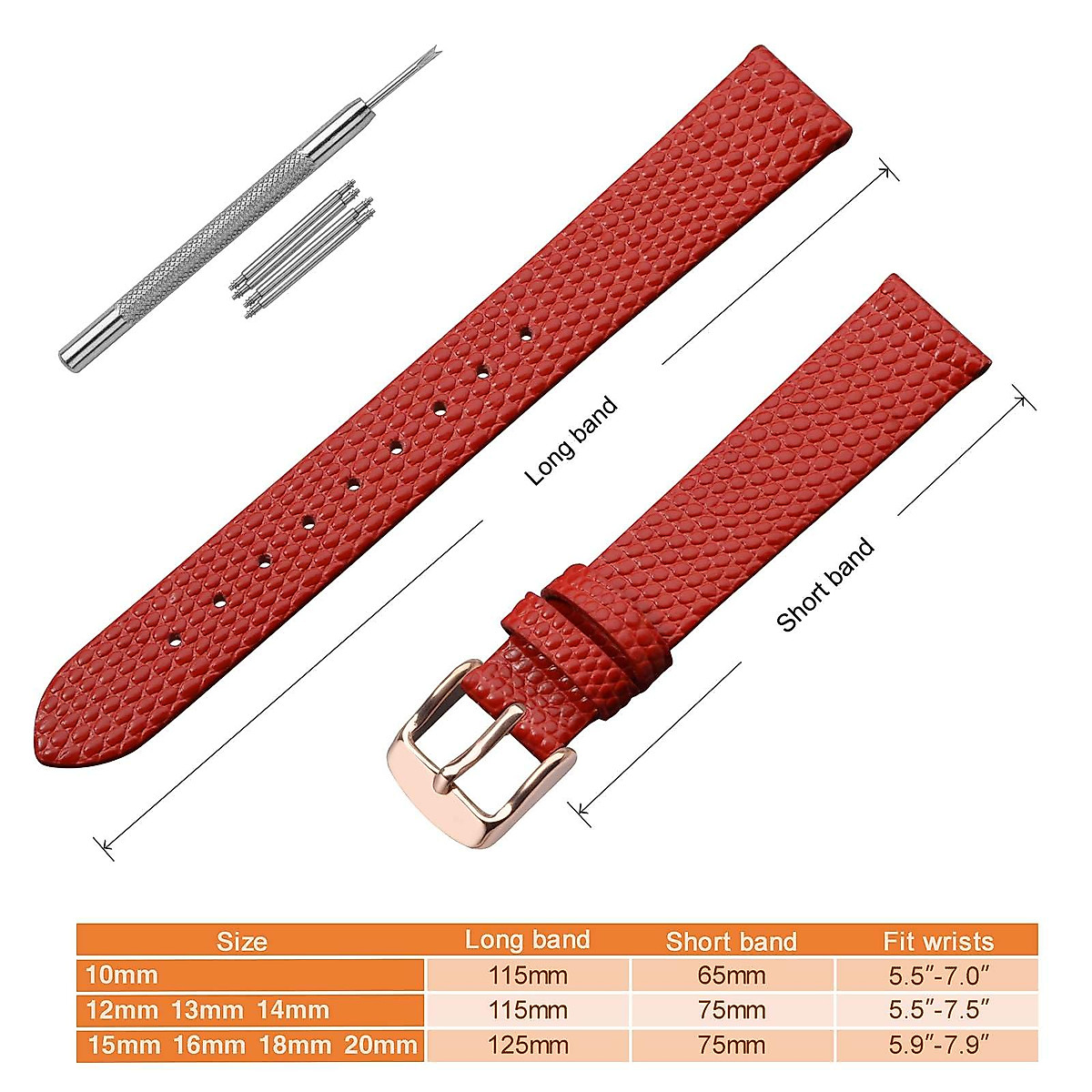 ANNEFIT Women's Leather Watch Band 12mm with Rose Gold Buckle, Lizard Grain Slim Thin Replacement Strap (Red)