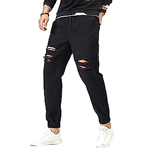WDIRARA Men's Ripped Frayed Skinny Zipper Fly Jeans Casual Long Denim Pants with Pocket Black Solid S