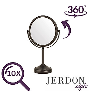 JERDON Two-Sided Tabletop Makeup Vanity Mirror - 10X-1X Magnification & Swivel Design - 6-Inch Diameter Portable Mirror - Bronze Finish - Model JP910BZP