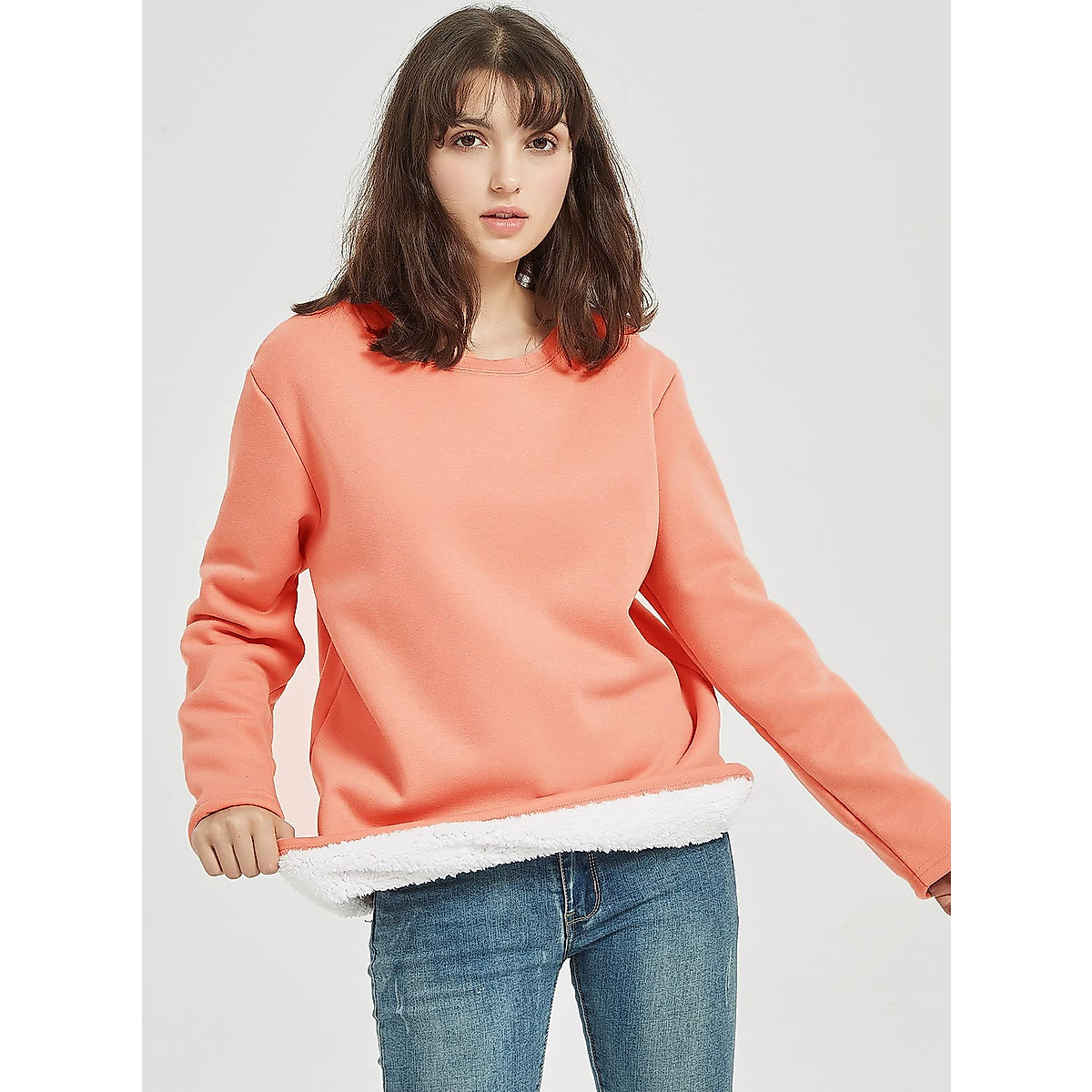 PEHMEA Women's Girls Warm Sherpa Lined Crewneck Pullovers Fleece Sweatshirt Tops (Watermelon Red, Small)