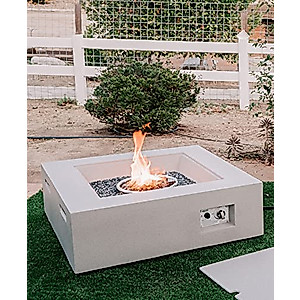 Kante 34.8" W Square Concrete/Metal Outdoor Propane Gas Smokeless Patio Heater, Fire Pit Table 50,000 BTU & Weather Resistant Cover, Light Gray