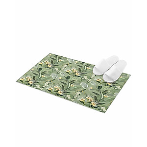 Edwiinsa Tropical Flower Plush Rug Non Slip Bathroom Mat, Soft Shaggy Bath Rugs Entryway Rug 18'' x 30'', Green Palm Leaves Botanical Spring Summer Throw Floor Carpet Mat for Bathroom Shower Kitchen