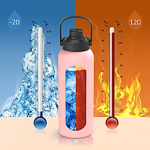 Kodrine Glass Water Bottles with Straw, 32 oz Water Bottle with 2 Lids - Handle Spout Lid & Bamboo Straw Lid, Silicone Sleeve, Wide Mouth, Leakproof, BPA Free(Amber)