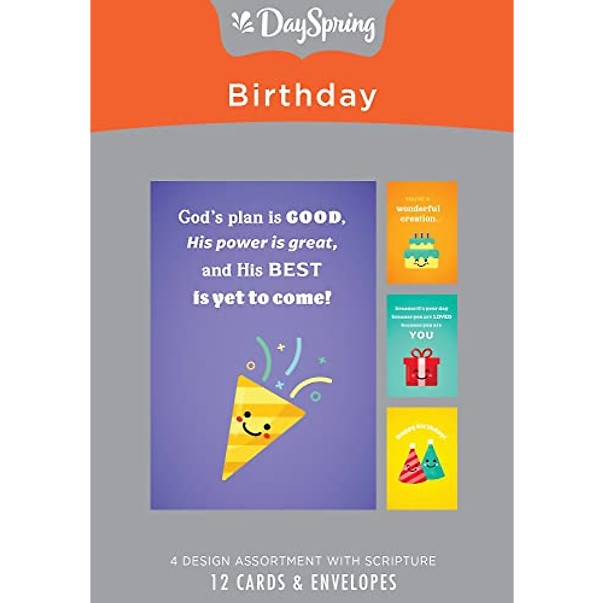 DaySpring - God’s Plan is Good – Birthday – 4 Design Assortment with Scripture – 12 Happy Birthday Cards & Envelopes (J9174)