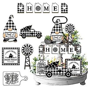10 Pieces Farmhouse Tiered Tray Decor Farmhouse Home Decor, Rustic Tiered Tray Signs, House Shaped Table Decor, Buffalo Plaid Wooden Farm Fresh Sign for Country Farmhouse Home Kitchen Shelf Decor