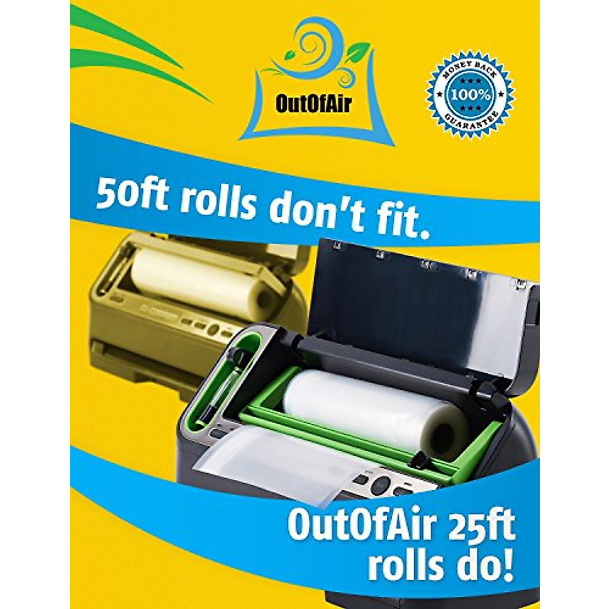 8" x 25' Rolls (Fits Inside Machine) - 4 Pack (100 feet total) OutOfAir Vacuum Sealer Rolls. Works with FoodSaver Vacuum Sealers. 33% Thicker, BPA Free, Sous Vide, Commercial Grade