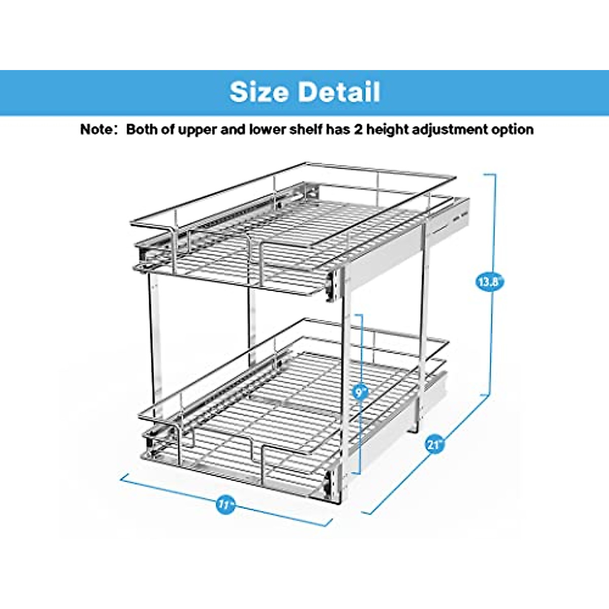 LOVMOR Slide Out Cabinet Drawers Pots and Pans Organizer and Storage, 11" W x 21" D, 2 Tier