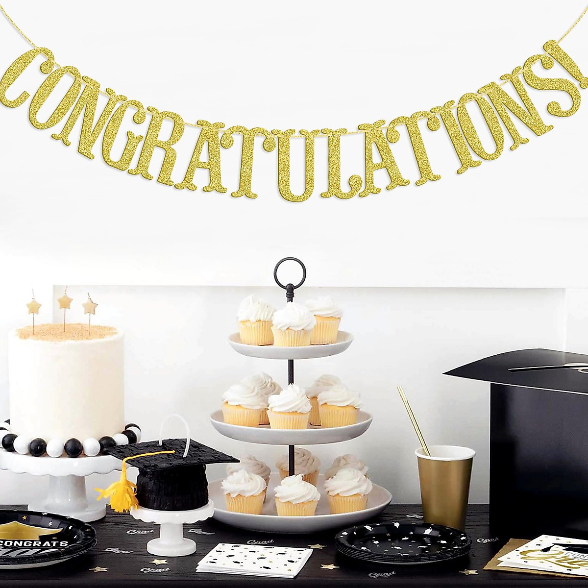 Congratulations Gold Glitter Sign Banner- Graduation, Wedding, Retirement Party Supplies Decorations (Gold)