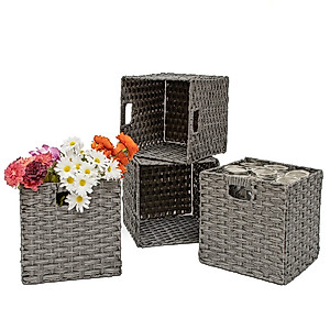 Foldable Synthetic Plastic Wicker Storage Basket with Iron Wire Frame By Blue Ridge Basket Company (Set of 4)