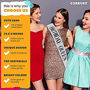 CORRURE 'Birthday Queen' Sash Glitter with Black Foil - Silver Glitter Happy Birthday Sash for Women - Party Favors Supplies and Decorations for Sweet 16, 18th 21st 30th 40th or Any Bday Party