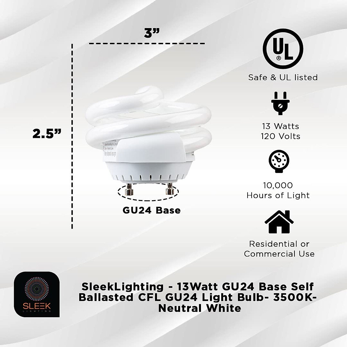 SLEEKLIGHTING 13Watt T2 Spiral CFL GU24 Base Puck Light Bulb 2700K 800lm -UL Approved,Compact Fluorescent -Warm White Light 4pack