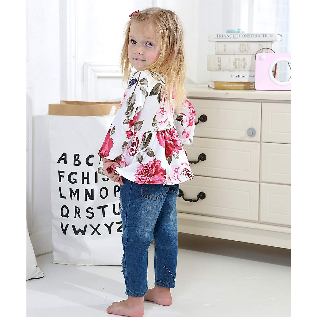 CARETOO Baby Girl Clothes Floral Print Long Sleeve Crew Neck Ruffle Top Fashion Ripped Jeans Fall Winter Toddler Girls Outfits