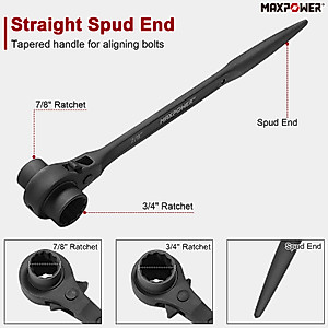 MAXPOWER 2 Pieces Spud Ratchet Set, 3/4 Inch x 7/8 Inch Dual Socket Spud Ratchet, 17mm x 19mm Metric Spud Ratchet Scaffold Wrench
