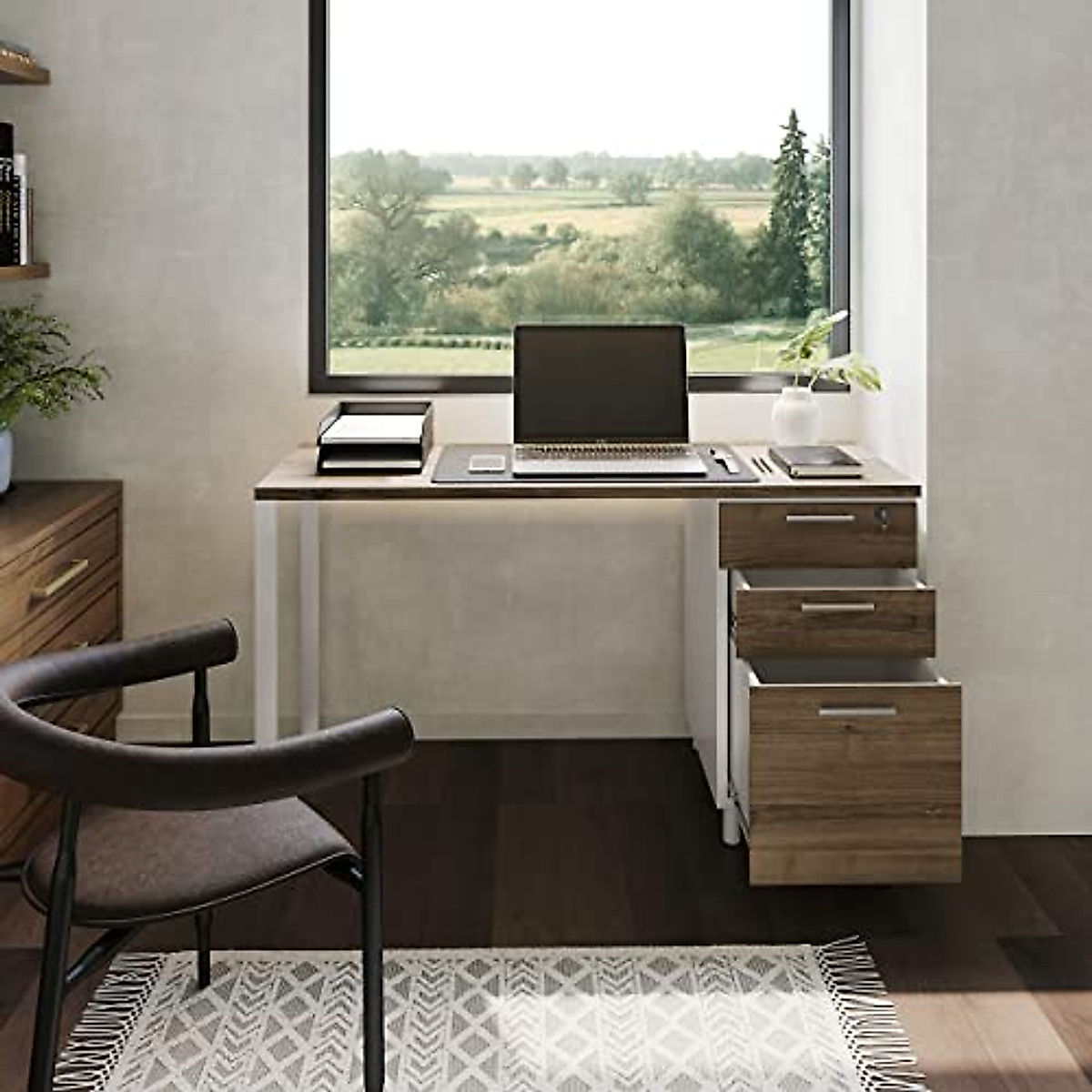 Milano Home Office Desk - 47Inch Cass Walnut/White Home Office Desk with Drawers - Modern Computer Desk with Storage, Detachable & Lockable Computer Cabinet - Wooden Office, Study, and Writing Table