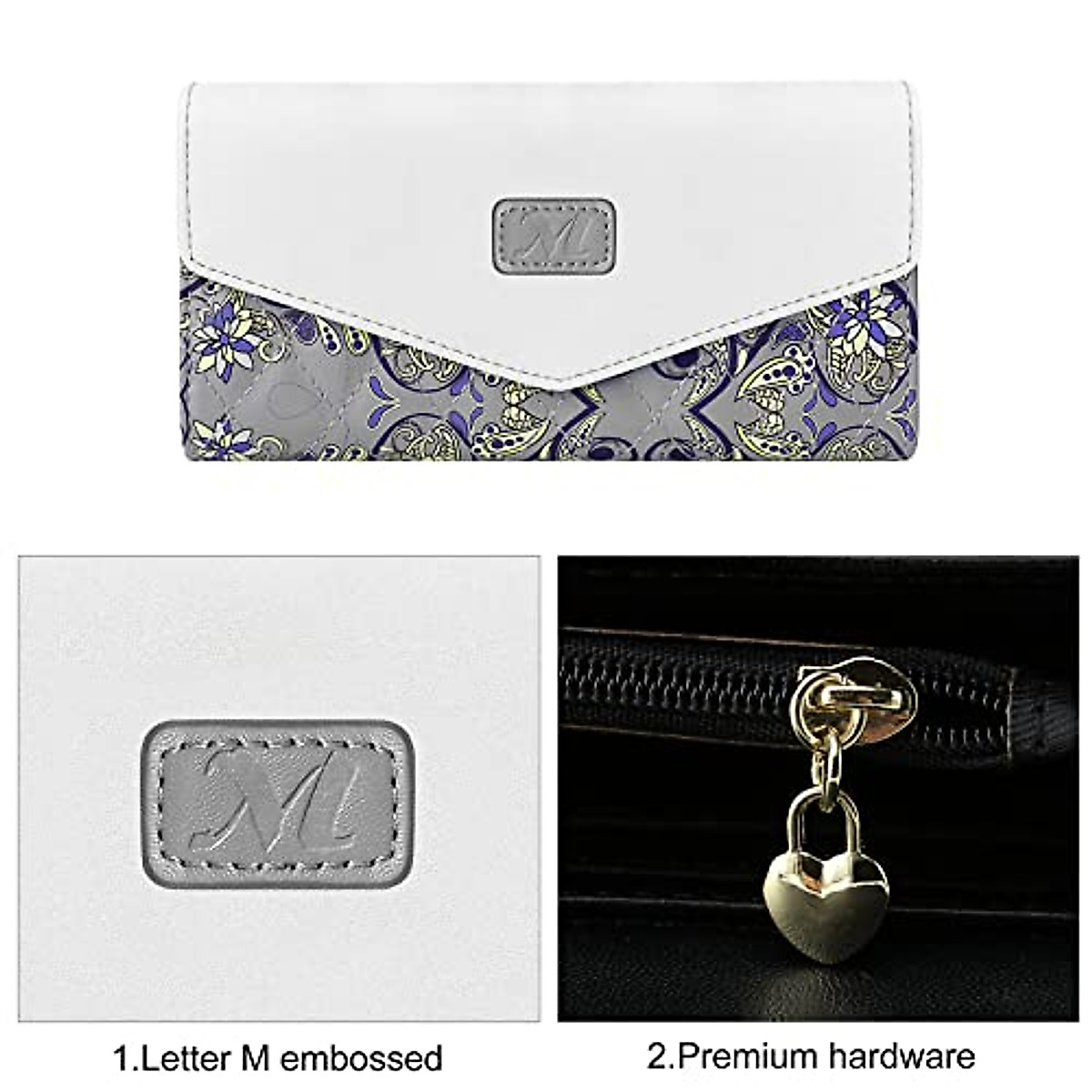 Utenwat Womens Wallets RFID Blocking Trifold Wallet for Women Long PU Leather Clutch Multi Card Cute Ladies Wallets Large Capacity Grey/White