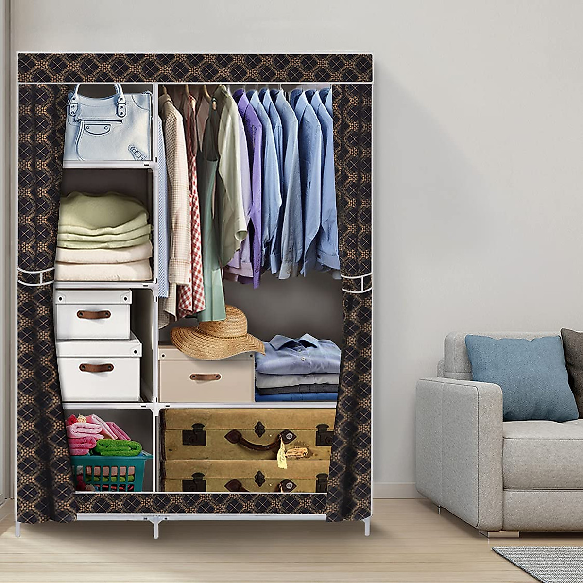 FUNFLOWERS Portable Wardrobe Storage Closet, Clothes Organizer with Non-Woven Fabric, Storage Shelves + Hanging Sections + Side Pockets, Durable & Easy to Assemble, 42" L x 18" W x 67" H, Black