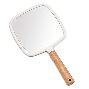 YEAKE Hand Held Mirror with Handle for Makeup,Small Cute Wood Hand Mirror for Shaving with Hole Hanging Single-Sided Portable Travel Vanity Mirror for Men&Women(Square)