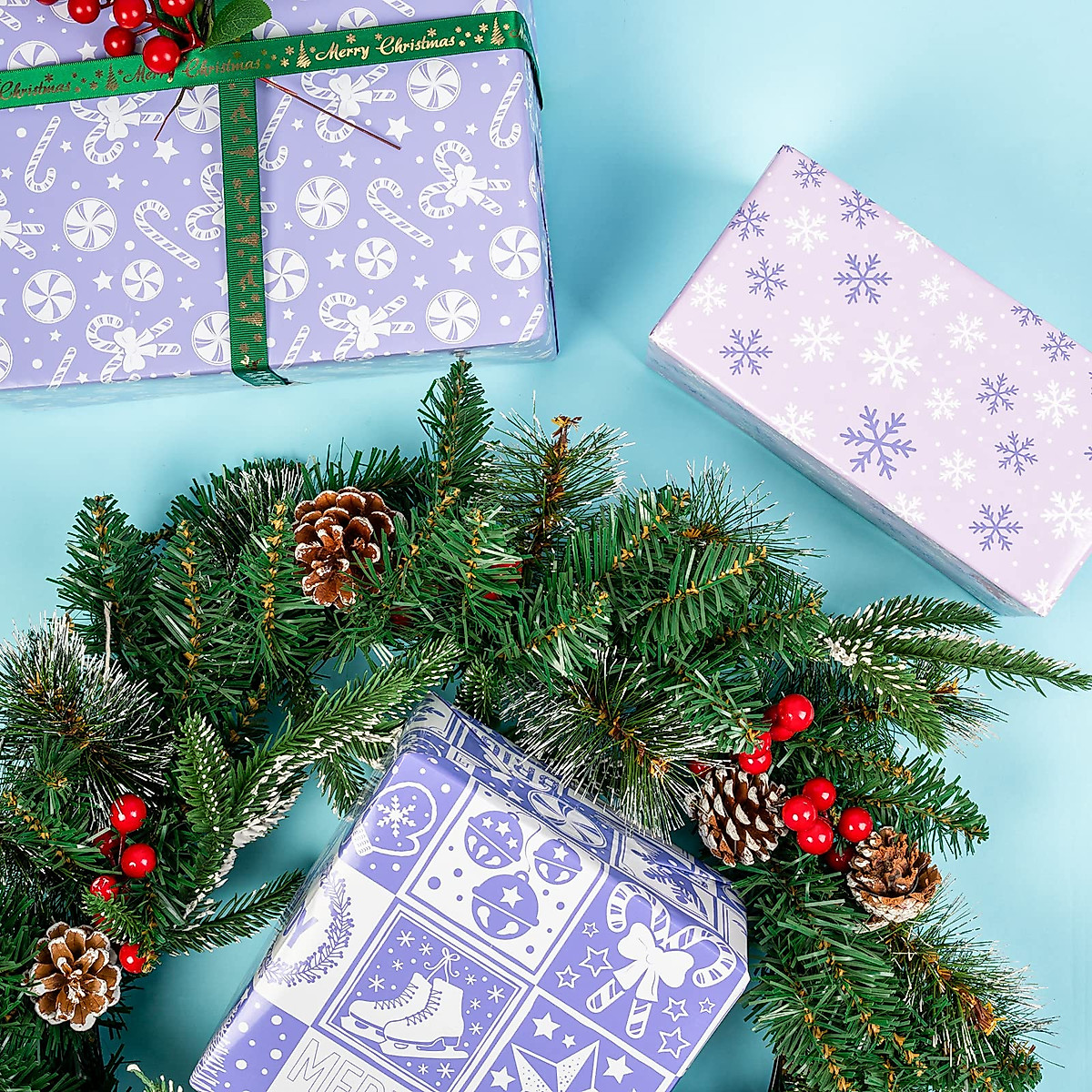 LeZakaa Christmas Wrapping Paper Mini Roll - Bell & Tree/Candy Canes/Snowflakes Design in Light Purple for Gift Wrap, Arts Crafts - 17 x 120 inches - 3 Rolls (42.5 sq.ft.ttl.)