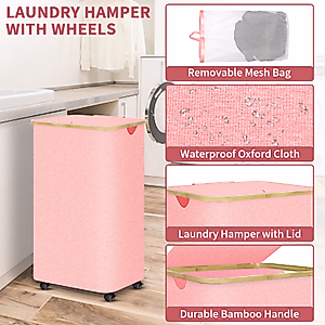 Pink Laundry Hamper with Wheels - 100L Large Laundry Hamper with Lid, Rolling Laundry Hamper on Wheels, Collapsible Laundry Hamper with Removable Mesh Bag and Bamboo Handles for Easy Carrying