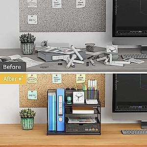 Egepon Office Desk Organizer with Upright File Holder, 4-Tier Mesh Letter Paper Tray Organizer with Multi-Functional Pen Holder and Sliding Drawer Office Supplies for Home Office School