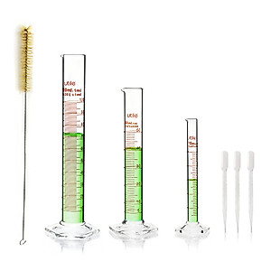 Utile Glass Graduated Cylinder Set, 3 Sizes Measuring Cylinders in 10ml 50ml 100ml, Borosilicate 3.3 Glass with Hexagonal Base, 3ml Transfer Pipettes and 1 Cleaning Brush Offered, 4099.0016.1.