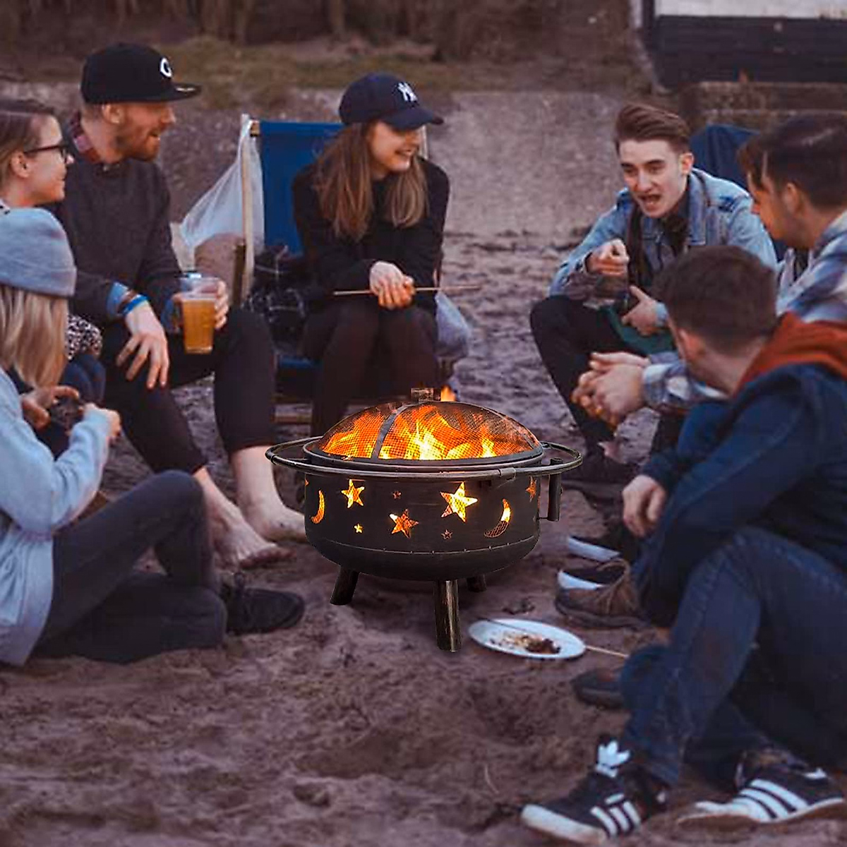 Wood Burning Fire Pit with Grill for Outside 30 Inch Outdoor Firepit with Cooking Grate Large Round Fire Pit Bowl with Poker & Spark Screen for Patio Lawn Backyard BBQ,Star & Moon Cutouts Pattern