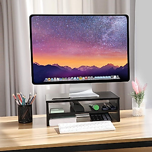 ERGO TAB Monitor Stand, Monitor Riser Wood 2 Tiers Desk Organizer Stand with Cellphone Holder, Laptop Printer Stand with Cable Management, for Computer, Notebook, Printer Holder, 16.5 inches, Black