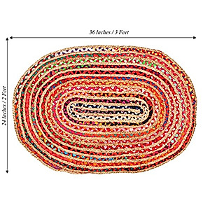 Jute Multi Chindi Oval Braided Rug, Tightly Braided Chindi and Jute Rug,Reversible,Durable,Sustainable Rug Pad, Shag Rugs for Bedroom, Floor Rug, Bedroom Rugs, Jute Kitchen Rug-24x36 Inch Multi Color