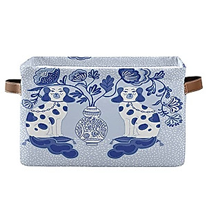 JUAMA Staffordshire Dogs in Chinoiserie Style Blue and White Porcelain Large Foldable Open Storage Bins With Handles Rectangular Baskets Cube for Closet Office Nursery Toys Bedroom Home Organizer