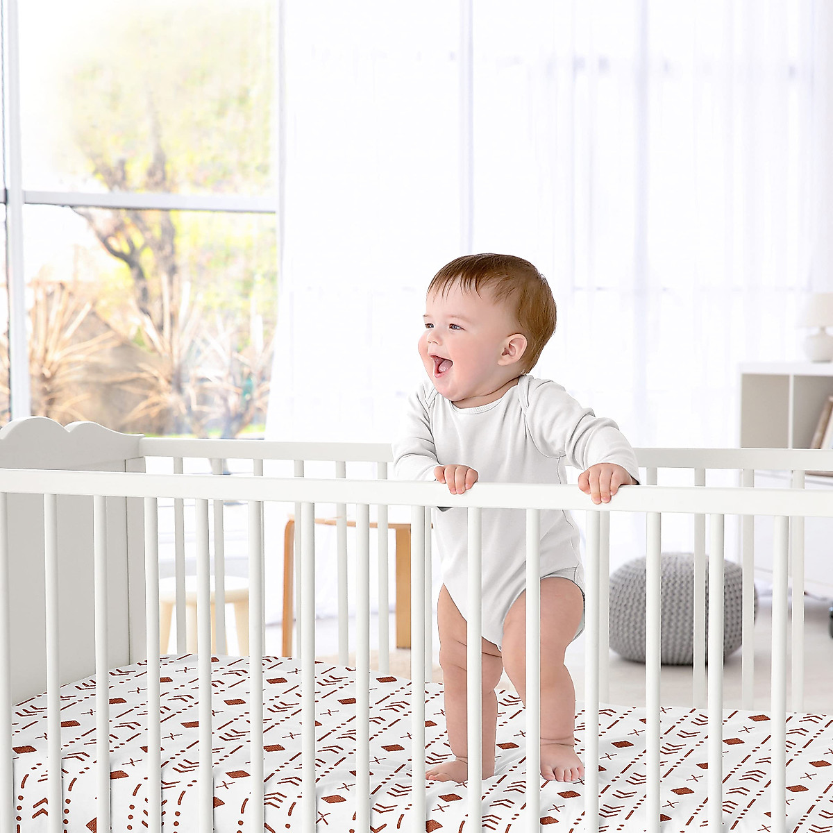 Sweet Jojo Designs White Rust Boho Tribal Mudcloth Boy Girl Fitted Crib Sheet Baby or Toddler Bed Nursery - Orange Woodland Bohemian Southwest Geometric Arrow Gender Neutral Aztec Mud Cloth