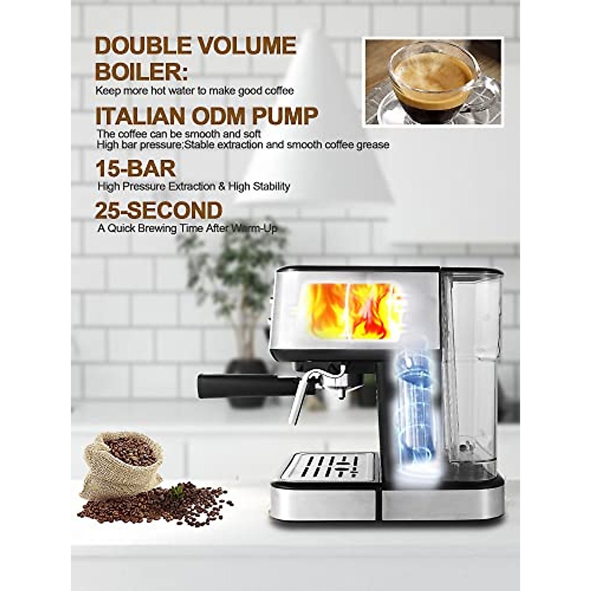 Gevi Espresso Machine 15 Bar Pump Pressure, Cappuccino Coffee Maker with Milk Foaming Steam Wand for Latte, Mocha, Cappuccino, 1.5L Water Tank, 1100W, Black1