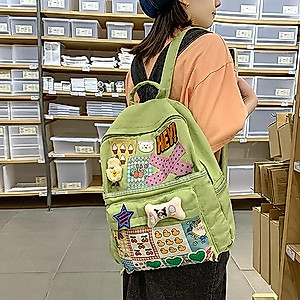 Hopecn Y2K Backpack With Kawaii Accessories Star Patch Aesthetic Canvas Bookbag Vintage Fashion Casual Goth Backpacks.(Patch1-Green2)