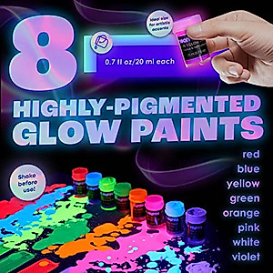 neon nights 2-IN-1 Glow In The Dark Acrylic Paint Set Glows in the Dark & under UV Blacklight - Set of 8 Self-Luminous Neon Paints for Halloween - German Premium Quality - 8 x 20 ml /