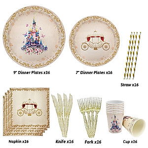 AIBIIN 112 PCS Princess Party Plates Princess Birthday Decorations Once Upon a Time Castle Princess Party Tableware Set Purple Floral Napkins for Girl Baby Shower Party Decor Supplies Favors Serves 16