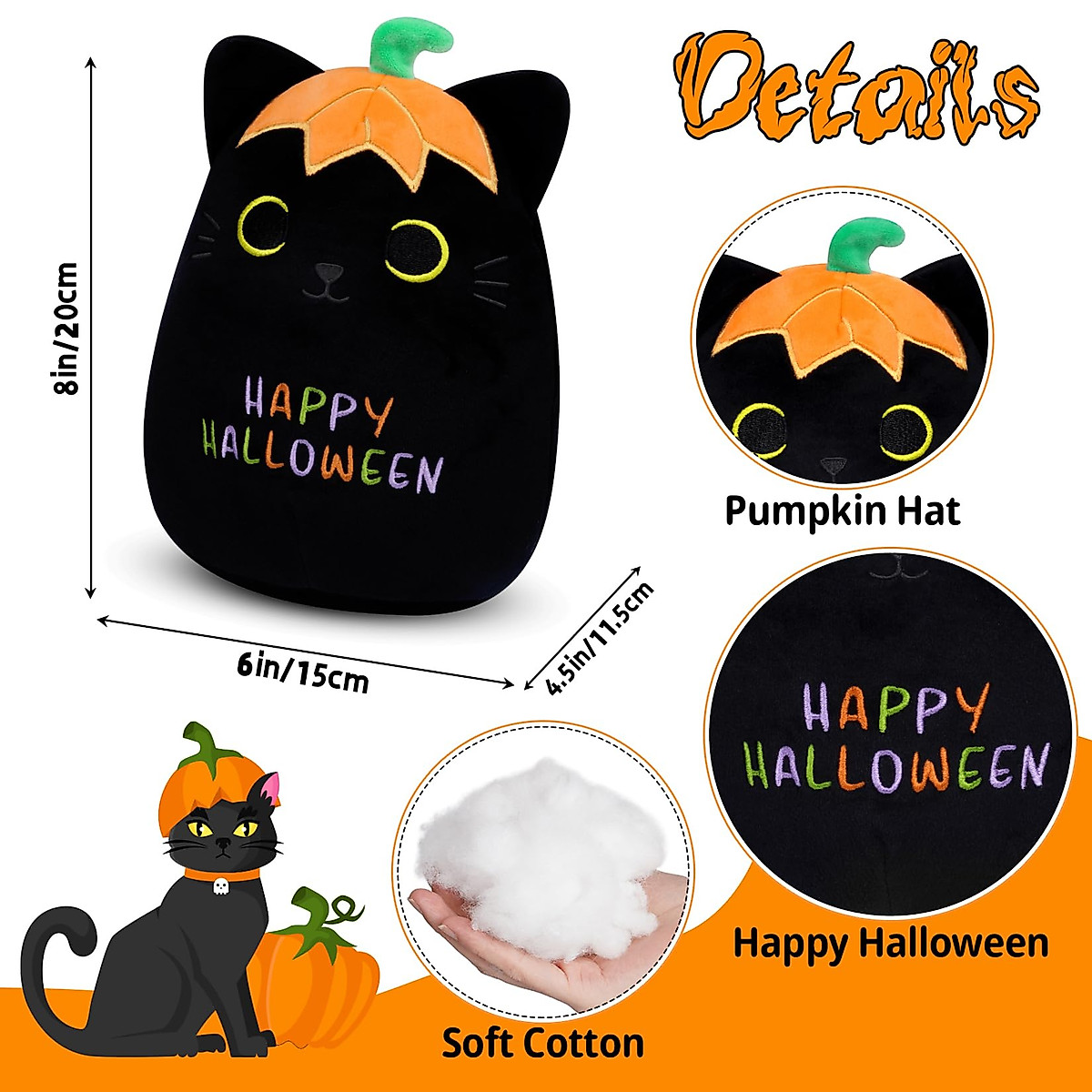 Leokawin Black Cat Stuffed Animal,8inch Black Cat Plush,Cute Black Cat Plush Toys with Pumpkin Hat,Cute Black Cat Plush Pillow Black Cat Plushies Birthdays Gifts for Kids