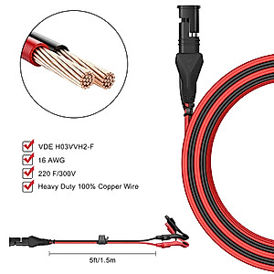 SUNER POWER Waterproof SAE Alligator Clips Cable, SAE Plug to Battery Clamp Cord with 10A Fuse, Perfect for Solar Panl Car Marine Motorcycle - 5FT/16AWG