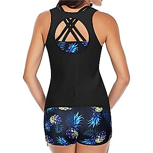 Yonique Tankini Swimsuits for Women 3 Piece Bathing Suits Swim Tank Top with Boy Shorts and Bra Modest Swimwear Black&Leaf XL