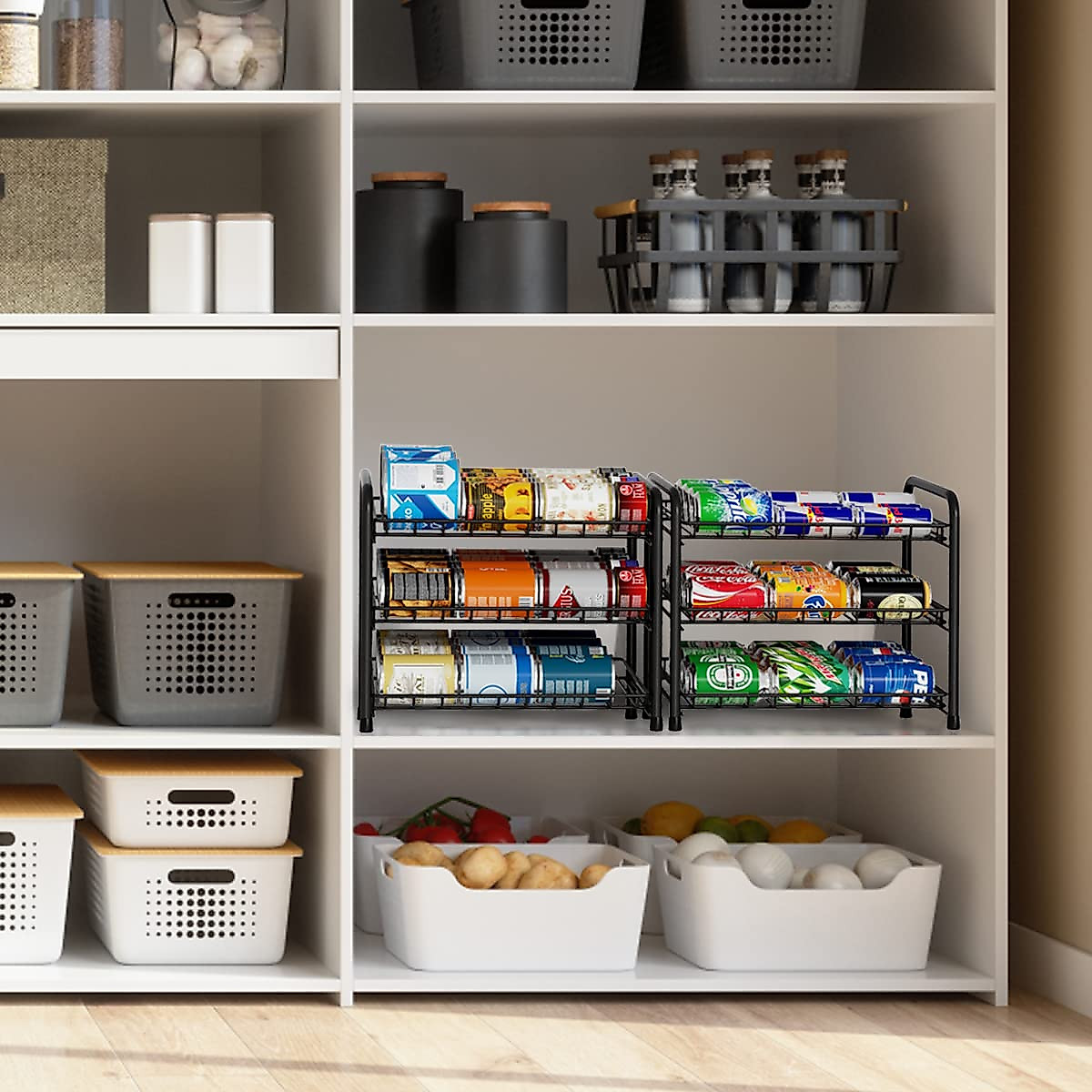 KalTell 2 in 1 Can Storage Organizer Pantry, Canned Food Organizers for Kitchen Dispenses 72 Cans-Black