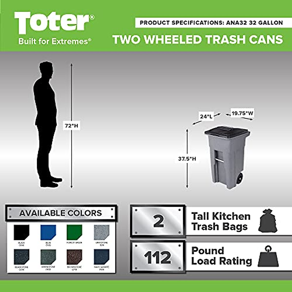 Toter 32 Gal. Blackstone Trash Can with Quiet Wheels and Attached Black Lid