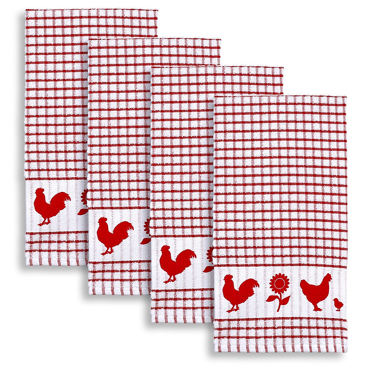 Cackleberry Home Backyard Chickens Windowpane Check Cotton Terrycloth Kitchen Towels, Set of 4 (Red)