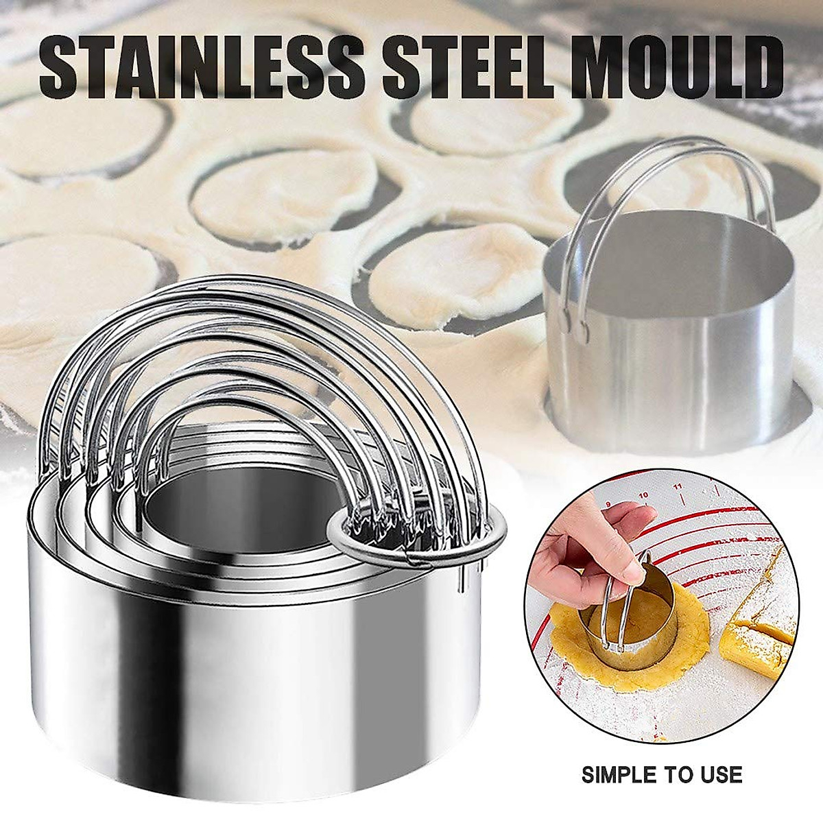 Hovico 5Pcs Biscuit Cutter Set, Stainless Steel Round Cookies Cutter Fondant Cutters with Handle for Cutting Thick or Thin Dough Stainless Steel Baking Tools Set - Flat Edge