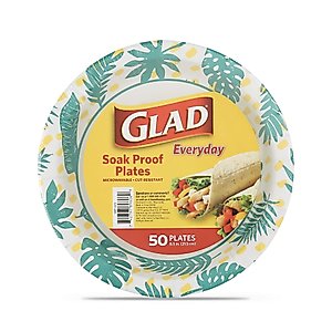 Glad Disposable Paper Plates with Palm Leaves Design, 8.5 Inch Paper Plates | Round Paper Plates for Everyday Use | Cut Proof, Soak Proof Disposable Plates from Glad, 50 Count