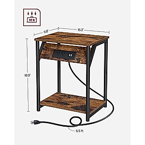 VASAGLE Side Tables with Charging Station, Set of 2 End Tables with USB Ports and Outlets, Nightstands for Living Room, Bedroom, Plug-in Series, Rustic Brown and Black ULET372B01