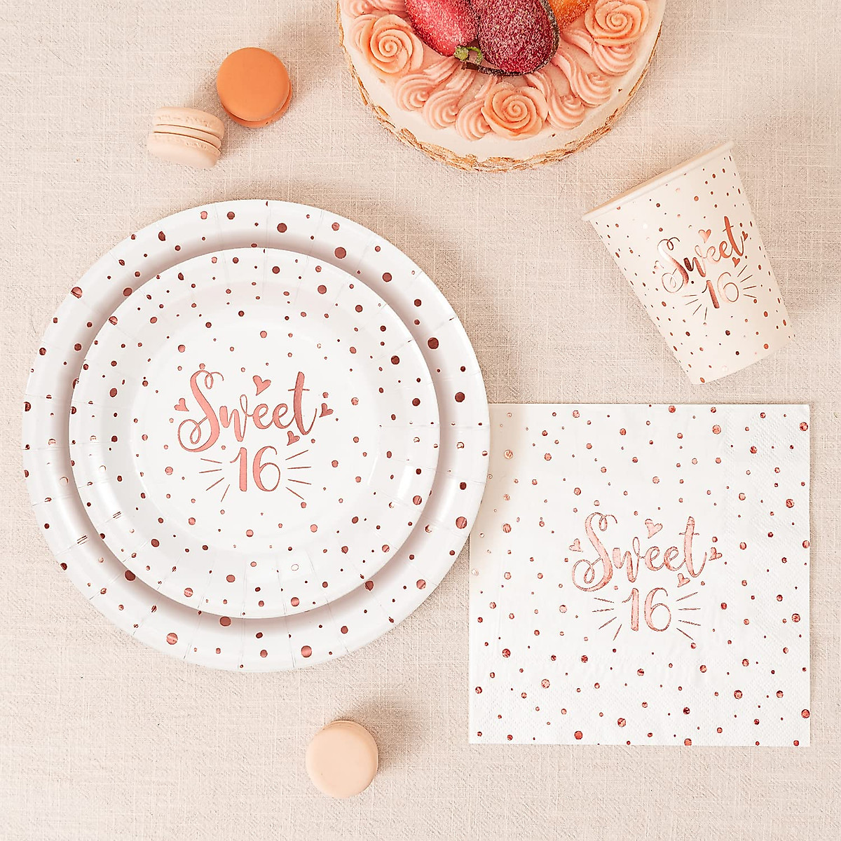 Crisky Rose Gold Sweet 16 Birthday Napkins Plates Cups Set for Girl 16th Birthday Party Decorations Supplies, Disposable Tableware Set of 24 (9" Plates, 7" Plates, Luncheon Napkins, 9oz Cups)