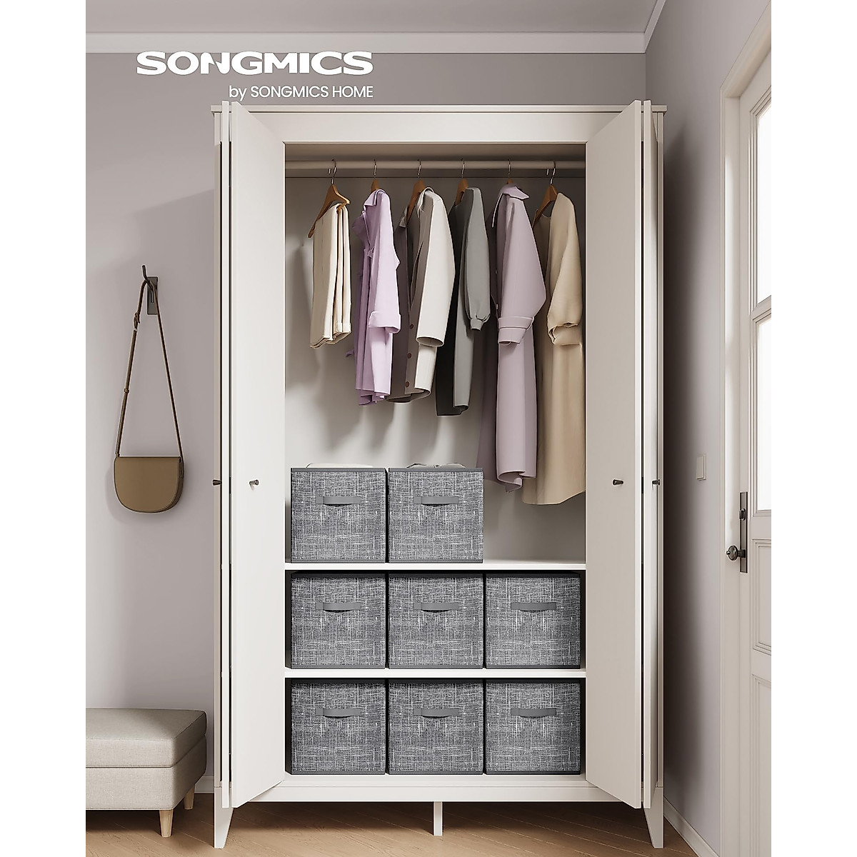SONGMICS Storage Cubes, 13-Inch Non-Woven Fabric Bins with Double Handles, Set of 8, Closet Organizers for Shelves, Foldable, for Clothes, Cattail Gray UROB833G01